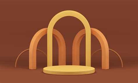 3d 받침대 노란색 실린더 무대 플랫폼 아치 제품 프로모션 프리젠 테이션 현실적인 벡터 3차원 형태에 대한 스톡 벡터 아트 및 기타 이미지 3차원 형태 갈색 강단
