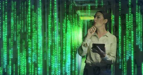 Image Of Binary Coding Over Caucasian Woman By Computer Servers Stock