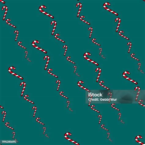 과자와 패턴 캐러멜은 지팡이 모양으로 붙어 있습니다 색상은 빨간색 줄무늬가있는 흰색입니다 녹색 배경입니다 크리스마스 새해 휴일 인쇄 공휴일에 대한 스톡 벡터 아트 및 기타