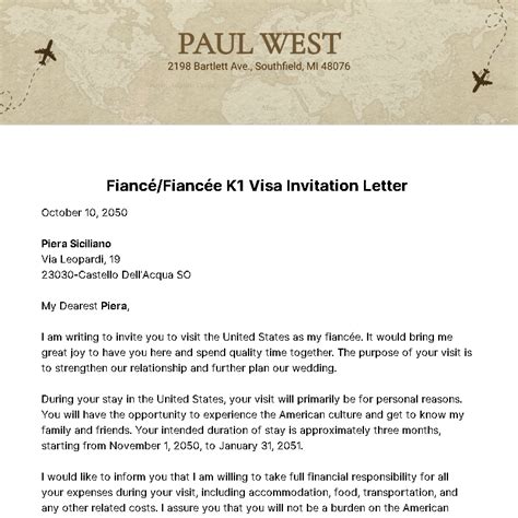 Fiancéfiancée K1 Visa Invitation Letter Template Edit Online