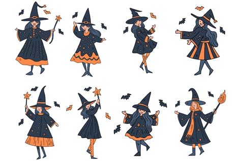 Premium Vector A Set Of Six Black And White Drawings Of Witches And