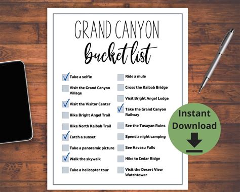 Grand Canyon Bucket List Printable Grand Canyon Vacation Check List