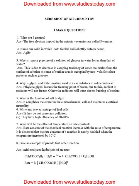 Cbse Class 12 Chemistry Sure Shot Questions Pdf Anode Chemical