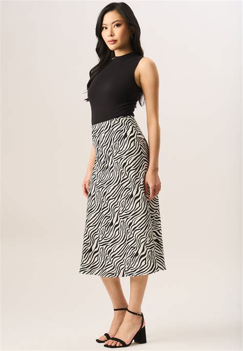 Mono Zebra Print Satin Bias Midi Skirt Gini London