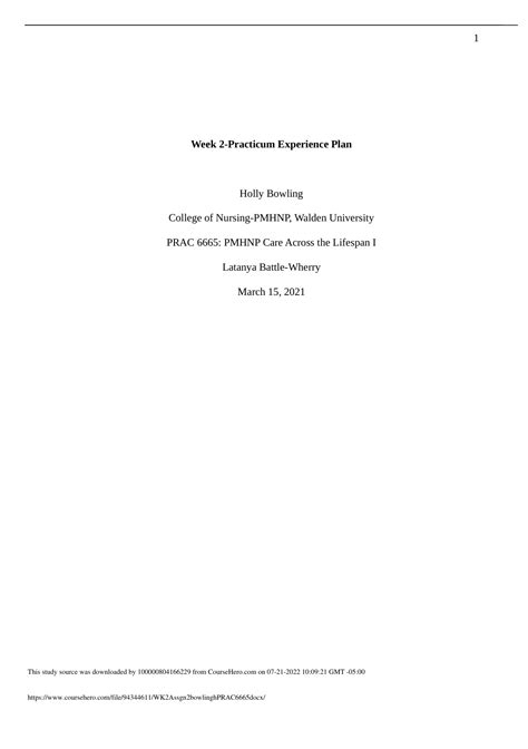 Prac6665 Week 2 Assignment Practicum Experience Plan Pep Walden University Prac 6665