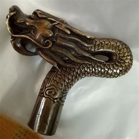 China Old Handwork Carving Bronze Dragon Statue Cane Head Walking Stick