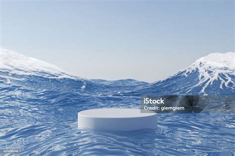 추상 3d 렌더링 플랫폼과 자연 배경 화장품 미용 제품 스킨케어 등을 광고하는 제품 스탠드 디스플레이를 위한 큰 파도가 있는