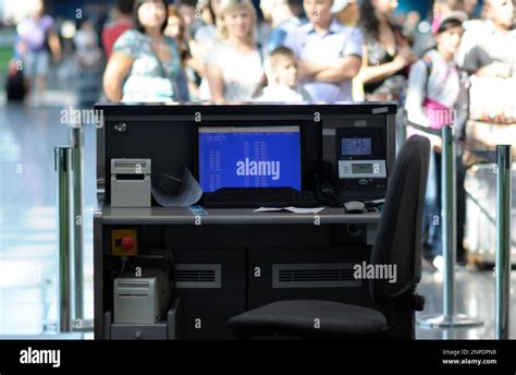Airport Cashier S Workplace Computer Monitor With Planes Departure