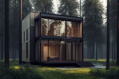 Luxurious Modern House With Big Windows And Forest Around Stock