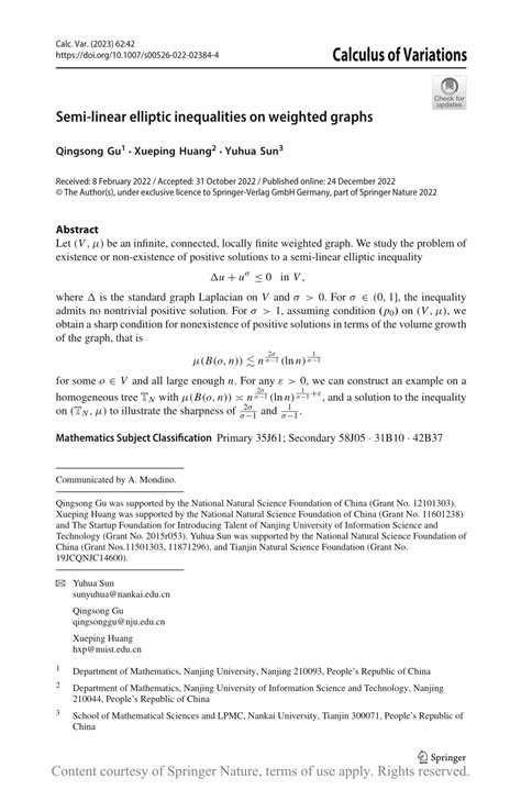 Semi Linear Elliptic Inequalities On Weighted Graphs Request Pdf