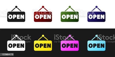 설정 텍스트와 매달려 기호를 설정 흑백 배경에 격리 된 문 아이콘을 엽니 다 벡터 일러스트레이션 개념에 대한 스톡 벡터 아트 및