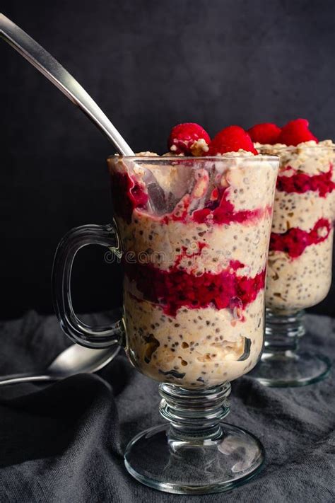 Raspberry Peanut Butter Oat Parfaits With Spoon Stock Image Image Of