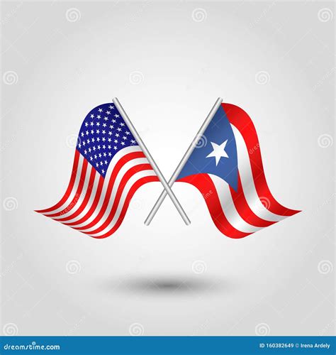 Vector Crossed American And Rican Flags On Silver Sticks Symbol Of