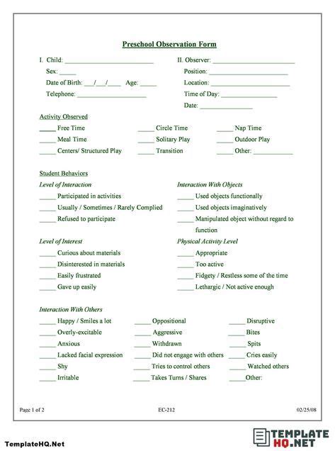 Preschool Observation Form Sample Classroom Observation Form Teacher