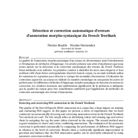 Détection Et Correction Automatique Derreurs Dannotation Morpho Syntaxique Du French Treebank