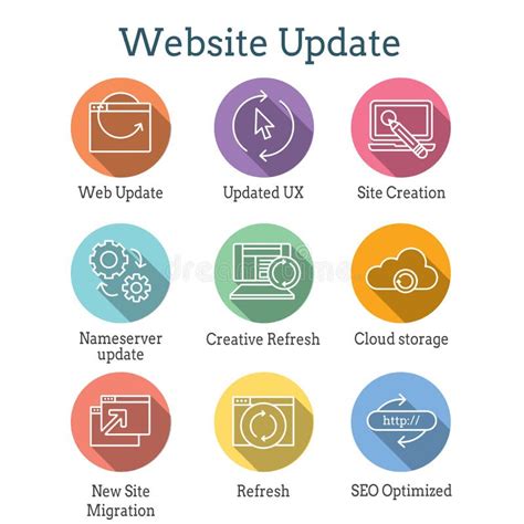 Website Update Icon Set With Seo Update Site Creation And Name Server Update Stock Vector