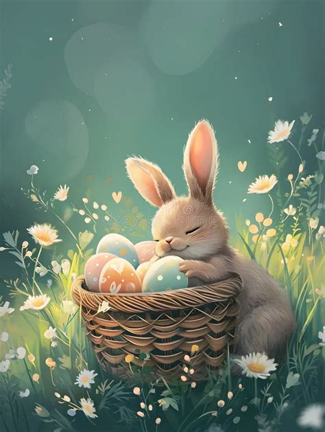 Rabbit Sleeping In Grass With Easter Eggs Basket Generative Ai Stock