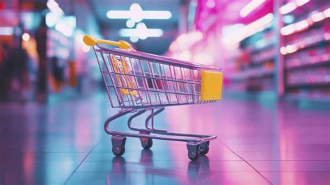 Small Shopping Cart In Neon Lit Supermarket Stock Illustration Illustration Of Blue Shopping