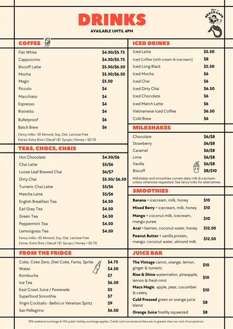 Macs Beach Cafe Menu I Macmasters Beach I Central Coast