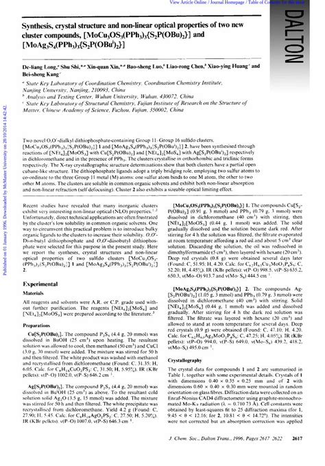 Pdf Synthesis Crystal Structure And Non Linear Optical Properties Of Two New Cluster