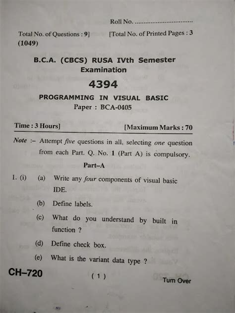 BCA Programming In Visual Basic Question Paper HPU