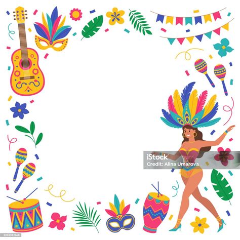 깃털 기타 마라카스 드럼 마스크 꽃 나뭇잎 화환 및 색종이 조각 의상을 입은 여자와 브라질 카니발 프레임 음악 축제 배너 포스터에 대 한 벡터 평면 그림 가면 무도회에 대한