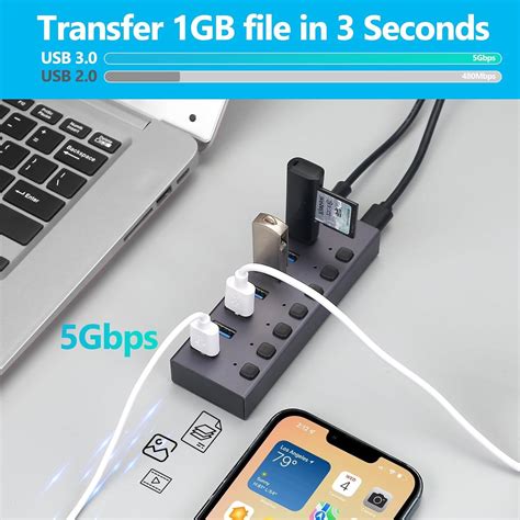 Powered USB Hub Ports Hub Splitter Gbps High Speed Aluminum Housing With Individual LED