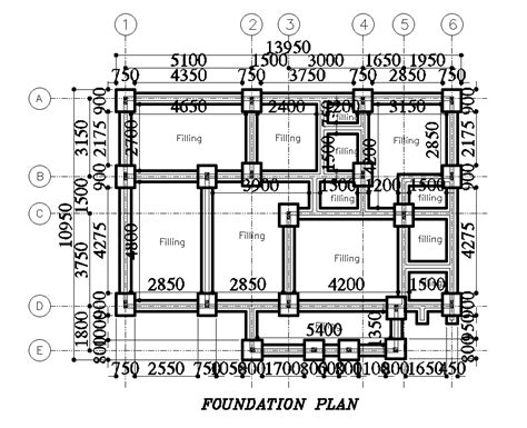 Foundation Layout Of 11x15m House Plan Is Given In This Autocad Drawing