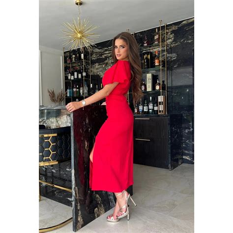 Red Wrapover Thigh Split Midi Dress W Batwing Sleeves And Elastic Waist