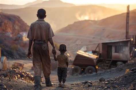 Father And Son Walking Hand In Hand In Mining Area At Sunset Father