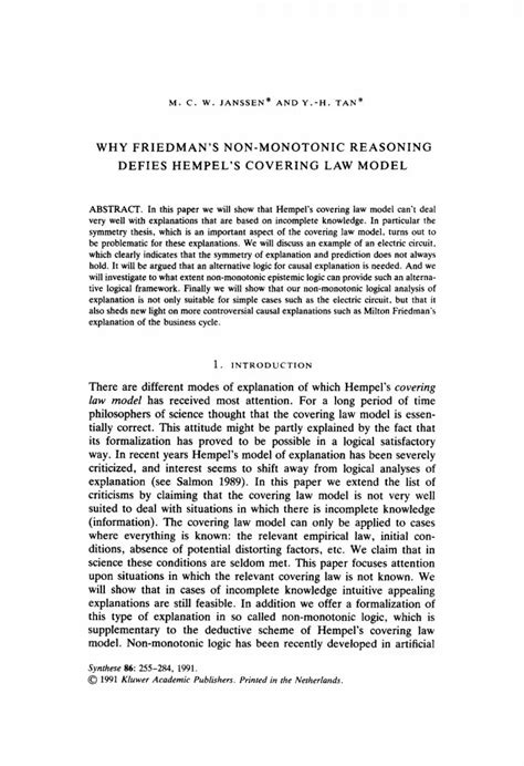 Pdf Why Friedmans Non Monotonic Reasoning Defies Hempels Covering