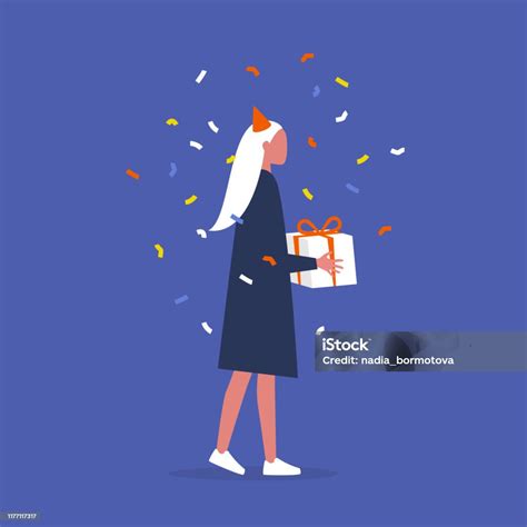 선물 상자를 들고 젊은 여성 캐릭터 생일 파티 기념일 축제 플랫 편집 가능한 벡터 일러스트레이션 클립 아트 색종이 조각에 대한
