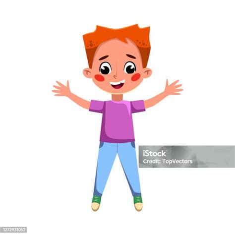 빨간 머리 소년 행복 하 게 뻗은 다리와 점프 귀여운 유치원 아이 재미 휴일을 축 하 스포츠 만화 스타일 벡터 일러스트를 하 고 가공의 인물에 대한 스톡 벡터 아트 및 기타