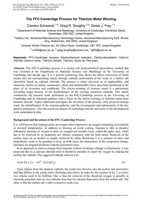Pdf The Ffc Cambridge Process For Titanium Metal Winning
