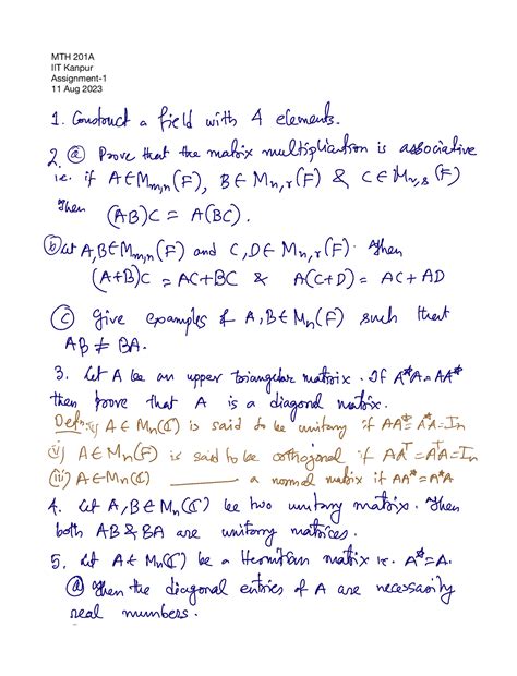 Assignment 1 Mth201 Mth 201a Iit Kanpur Assignment 11 Aug 2023 I