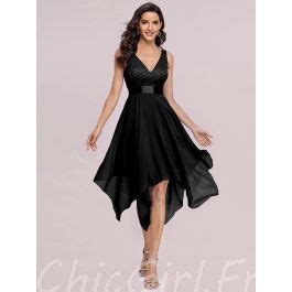 Robe De Cocktail Asymétrique Noire Mousseline Fluide Dentelle Col V