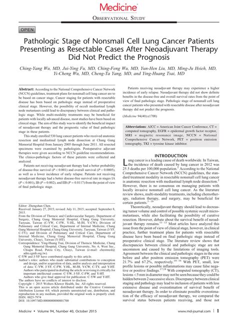 Pdf Pathologic Stage Of Nonsmall Cell Lung Cancer Patients Presenting As Resectable Cases