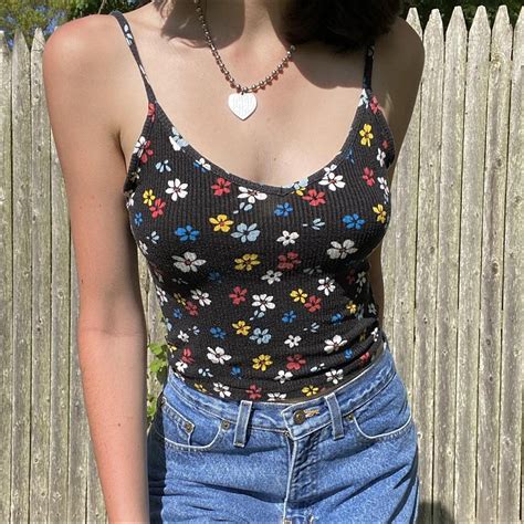 Black Floral Tank Top Simple Flower Design With Depop