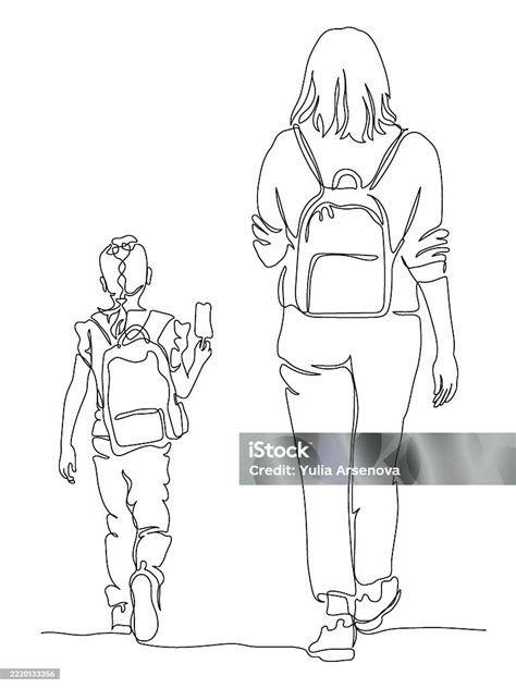 배낭을 메고 걸어가는 여자와 아이 소녀 아이스크림을 들고 있는 소녀 연속적인 선화 라인 아트 스타일의 흑인과 백인 벡터 일러스트 레이 션 2명에 대한 스톡 벡터 아트 및