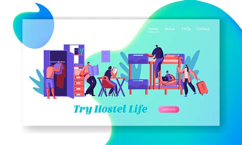 호스텔 룸 방문 페이지에서 젊은 여행자의 그룹입니다 국제 이코노미 여행 컨셉 웹사이트 또는 웹 페이지 내부에 사람들이 있는 호텔 인테리어 편평한 만화 벡터 일러스트 가정의