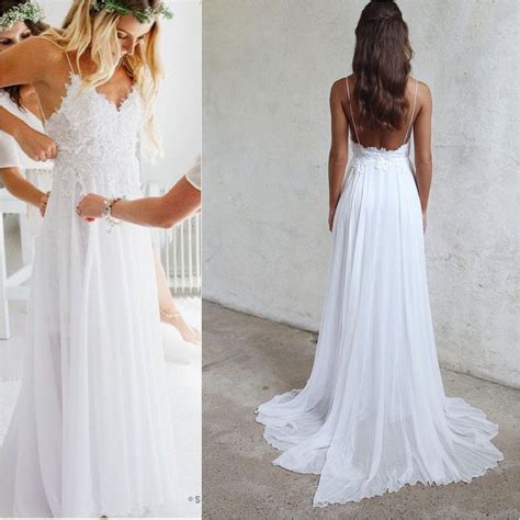Open Back White Lace Spaghetti Straps Beach Wedding Dress Bridal Gowns
