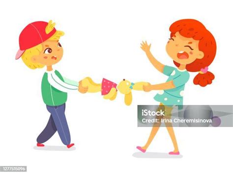 나쁜 아이들은 장난감을 논쟁하고 당깁니다 야외 또는 놀이터에서 토끼 장난감을 통해 싸우는 성난 어린 소년과 소녀 매너 및 나쁜 동작 벡터 그림입니다 화난 표정 싸우기에 대한