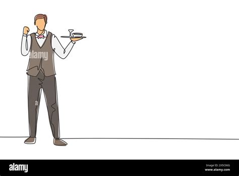 Continuous One Line Drawing Waiter Stood Up With Celebrate Gesture And