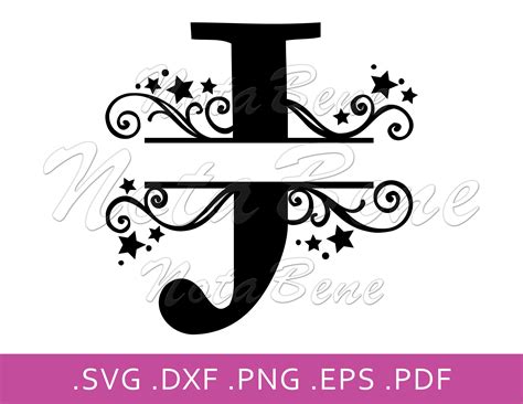 J Split Monogram Svg Elegant Split Letter J Svg Swirls Stars Divided