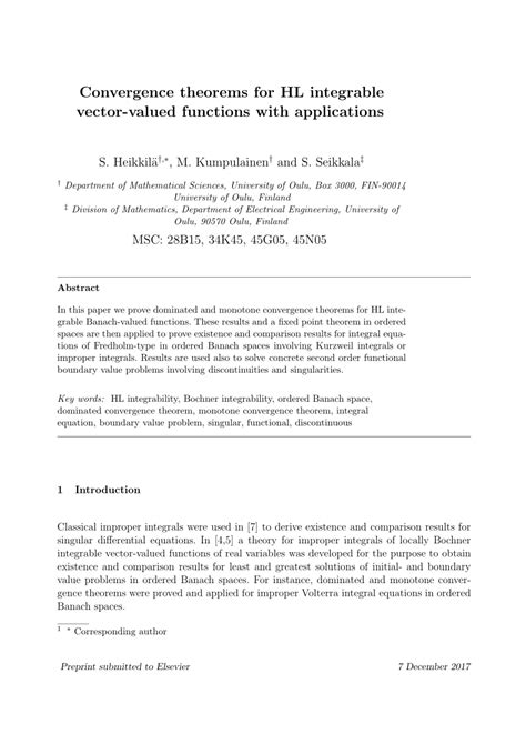 PDF Convergence Theorems For HL Integrable Vector Valued Functions