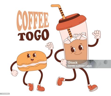 종이컵과 과자 마카롱에 빨대가 있는 아이스 커피의 귀여운 복고풍 캐릭터 갈 커피 벡터 그림입니다 멋진 재미있는 마스코트 커피 음료와 맛있는 쿠키 1960 1969 년에 대한