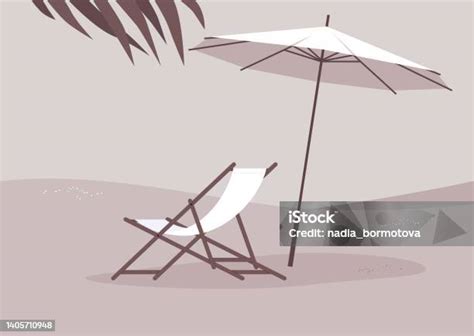 나무와 직물로 만든 갑판 의자 파라솔 코코넛 야자수가있는 낙원 해변 여름철 야외 생활 방식 해변에 대한 스톡 벡터 아트 및 기타