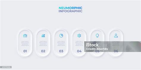 6가지 옵션 단계 또는 프로세스가 있는 인포그래픽 디자인 템플릿입니다 Neumorphism 둥근 요소는 수평 행에 배치됩니다 0