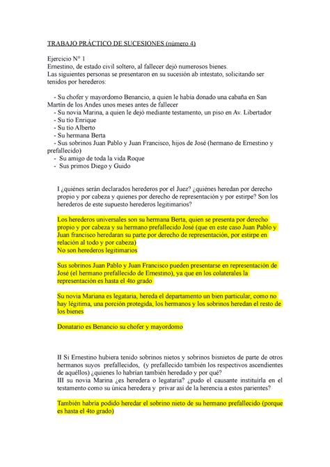 Ejercitacion de sucesiones n TRABAJO PRÁCTICO DE SUCESIONES número Ejercicio N Studocu
