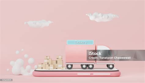모형과 창의적인 디자인을 위해 트럭이 있는 갈색 판지 상자 소포의 3d 렌더링 온라인 쇼핑 개념입니다 파스텔 배경의 온라인 배달 개념 3차원 형태에 대한 스톡 사진 및 기타